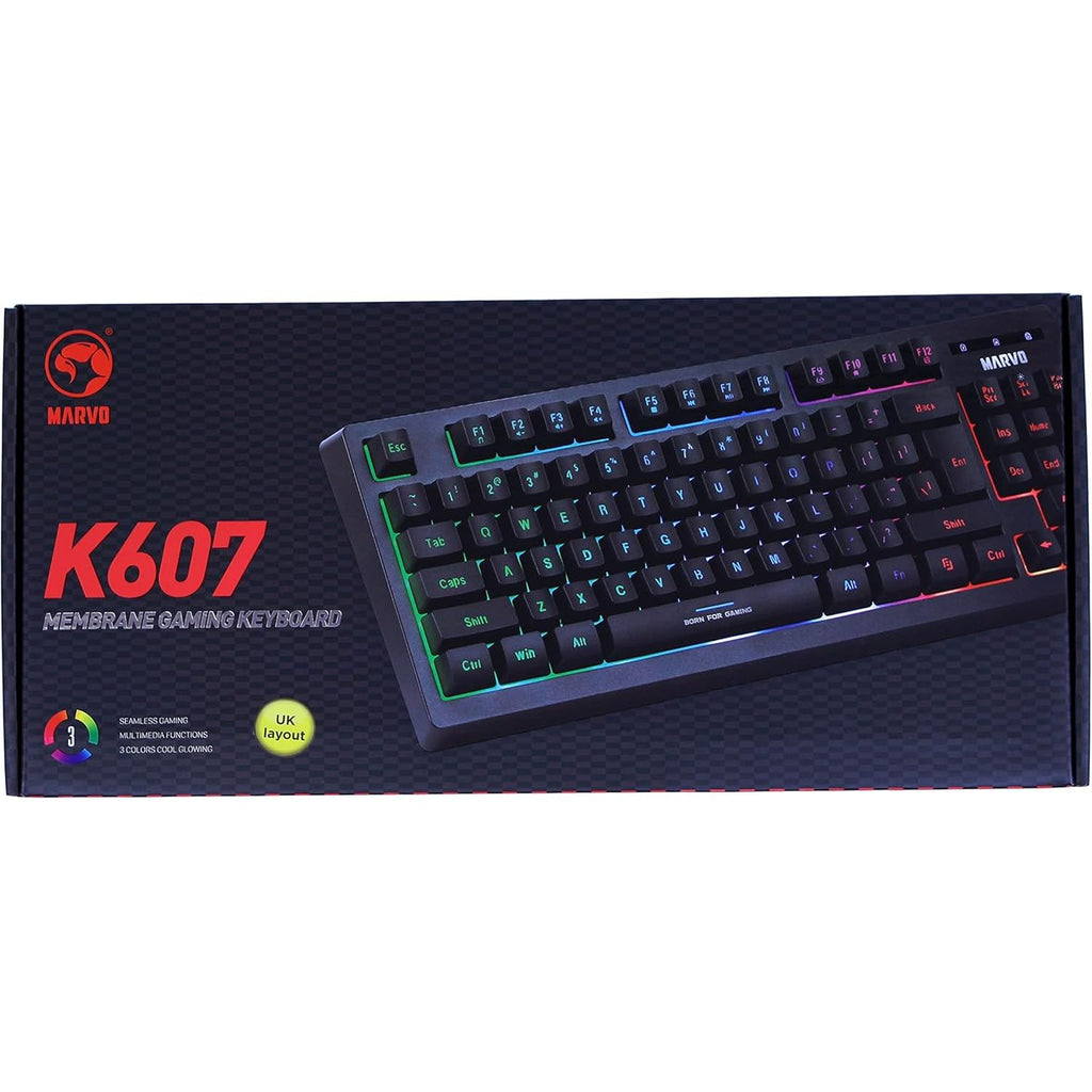 MARVO K607 Compact Gaming Keyboard – TKL Size, 3-Color LED Backlit, Adjustable Brightness, Anti ...