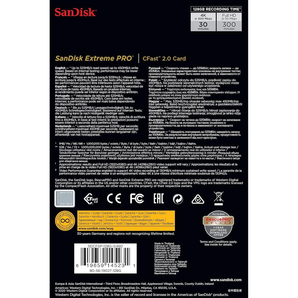 SanDisk 128GB Extreme PRO CFast 2.0 card up to 525 MB/s VPG-130 | Gadcet UK Flash Memory Cards £ ...