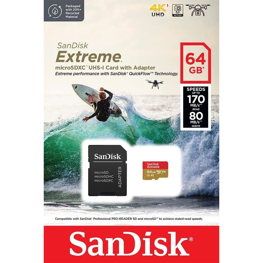 SanDisk 64GB Extreme microSDXC card for Action Cams and Drones + SD ...
