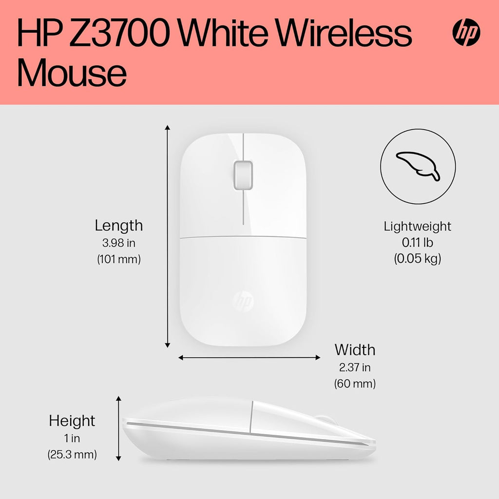 HP Z3700 Wireless Mouse – White, Slim Design, 2.4GHz, Multi-Device ...