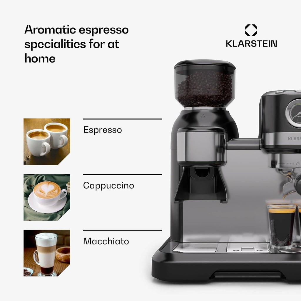 KLARSTEIN Bella Café Espresso Machine – 19-Bar, 1550W, Built-in Grinder ...