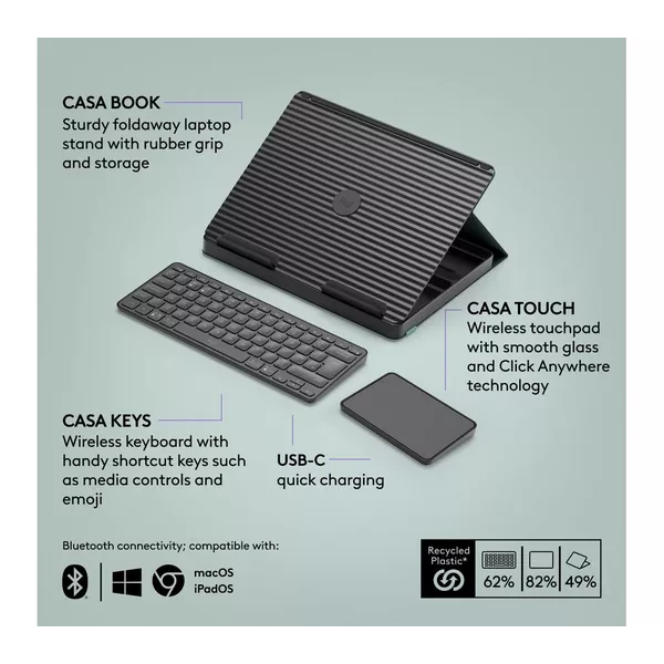LOGITECH Casa Pop-up Desk Wireless Keyboard & Touchpad Set - Classic ...