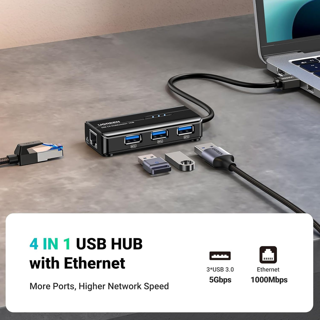 UGREEN 4-in-1 USB Hub to Ethernet Adapter – Gigabit Ethernet, 3 USB 3 ...