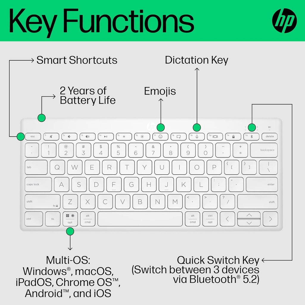 HP 350 Compact Bluetooth Keyboard, White, Connect up to 3 Devices via ...