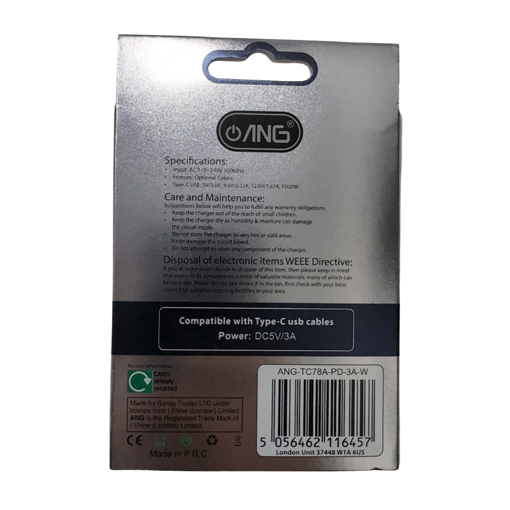 ANG Single USB Type-C PD Wall Charger 3 Pin Triangle Adapter | Gadcet ...
